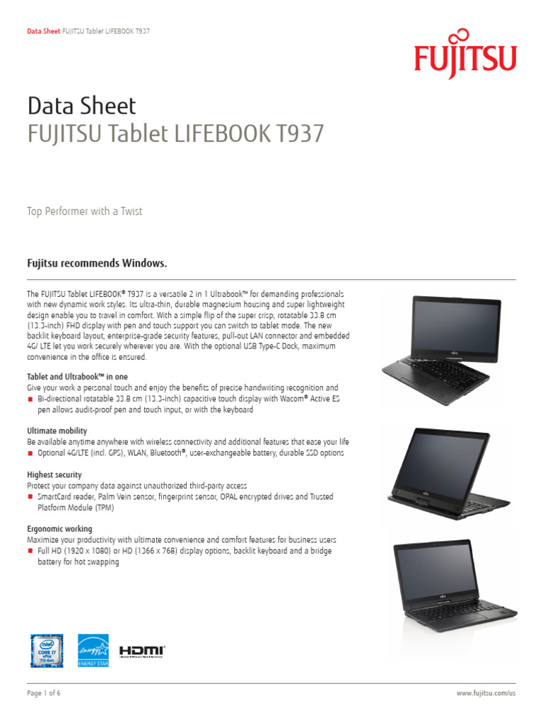 LIFEBOOK T937 Tablet PC Datasheet | PDF