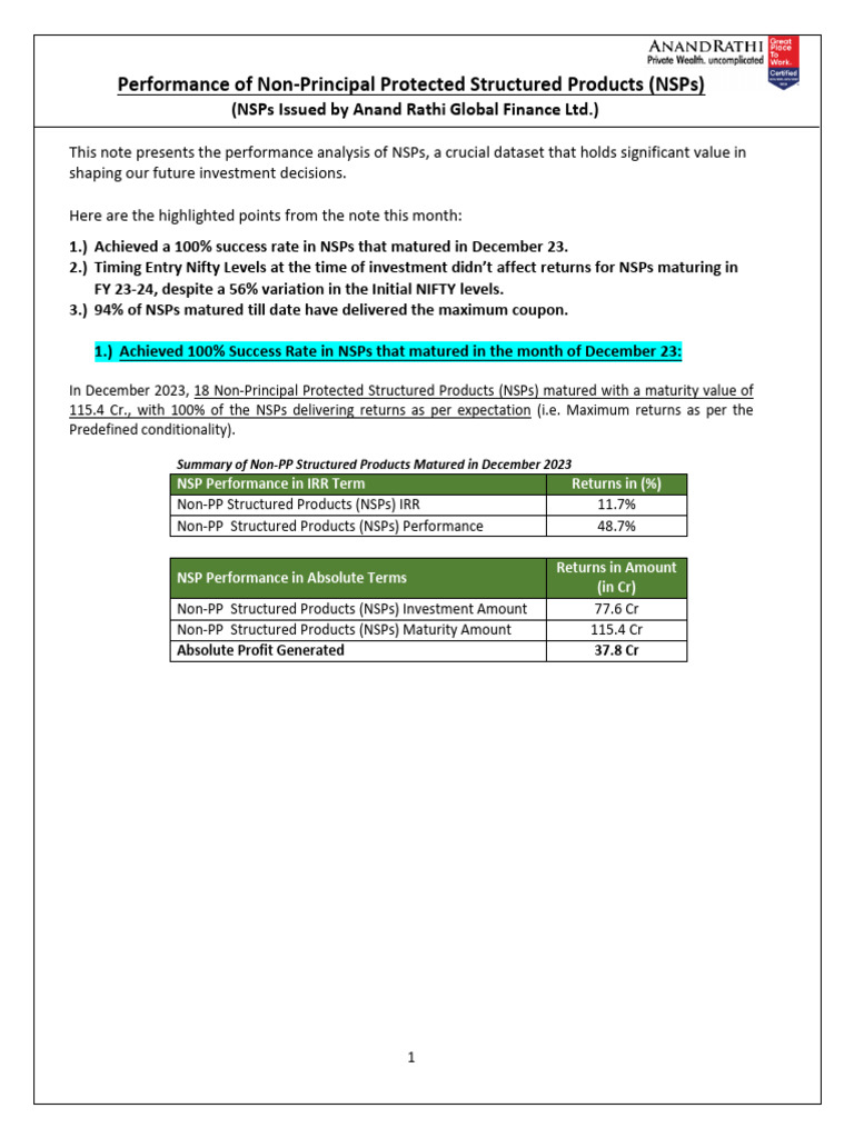 Note for Performance of Non Principal Protected SPs - December 2023 | PDF | Internal Rate Of ...