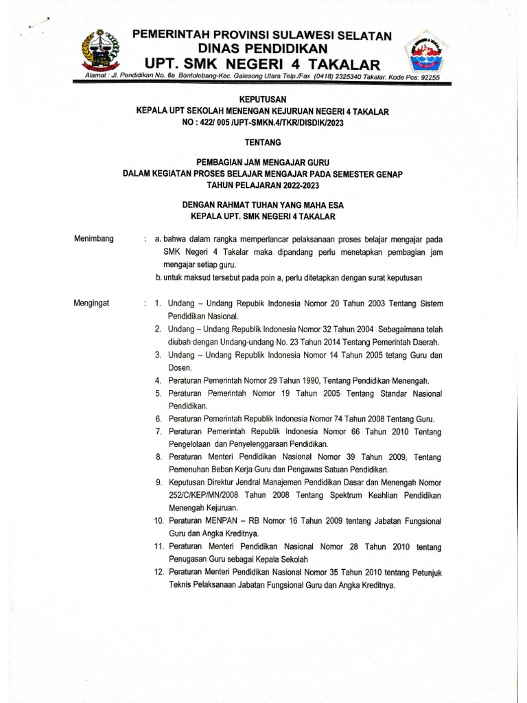 SK Pembagian Jam Mengajar Semester Genap 2023 | PDF