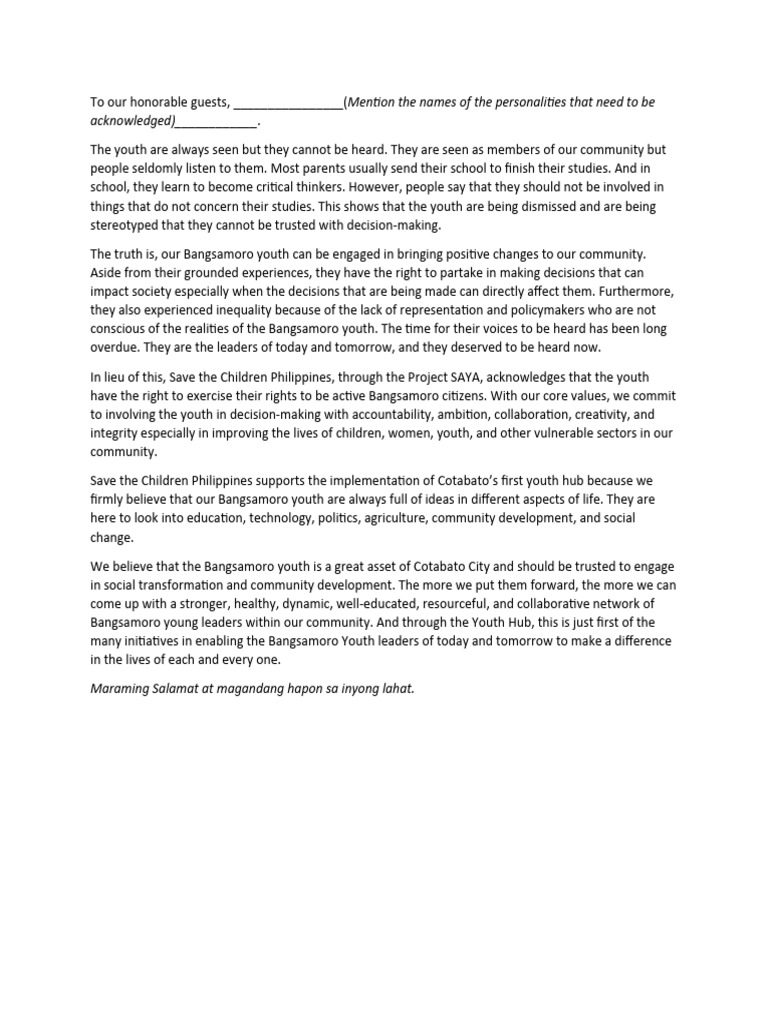 Youth Hub Opening Statement of Support | PDF