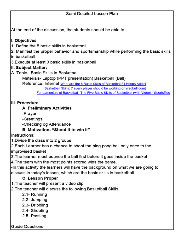 Basic Skills in Basketball Lesson Plan | PDF