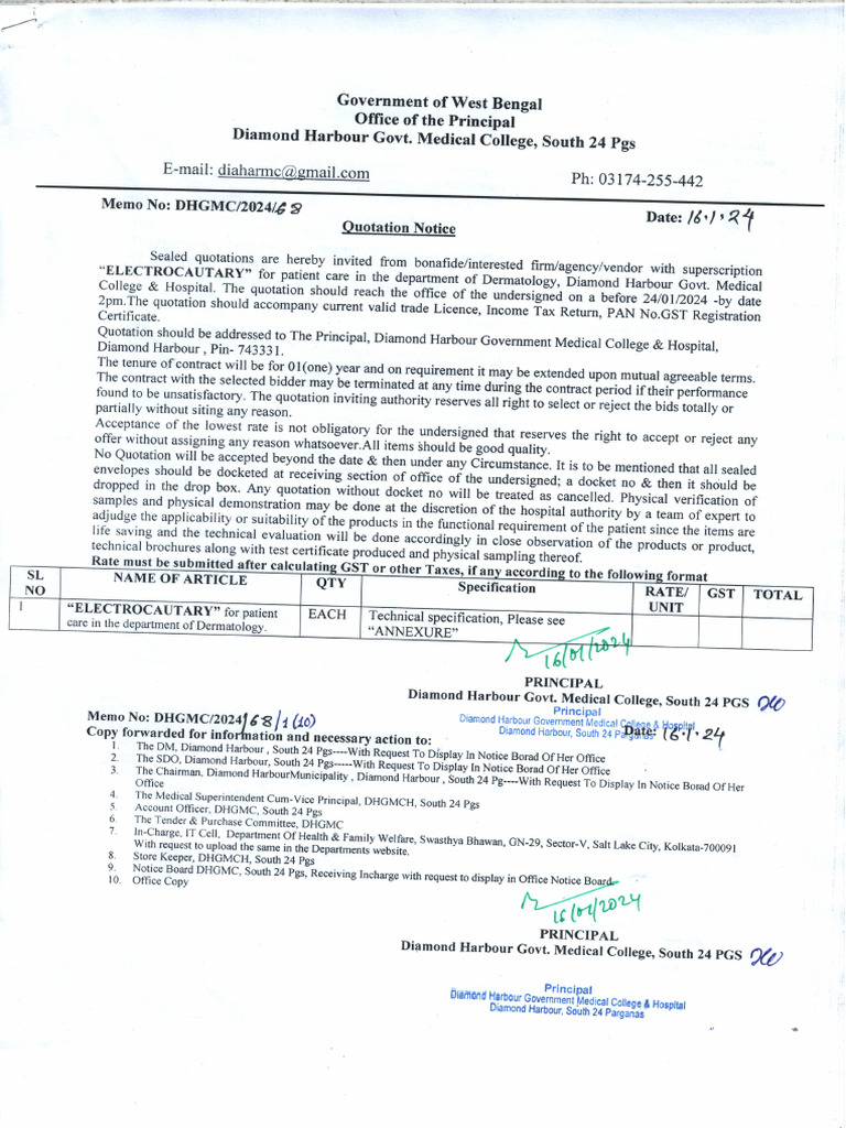 Quotation Notice For Electrocautary For Patient Care in The Dept. of Dermatology, DHGMCH ...