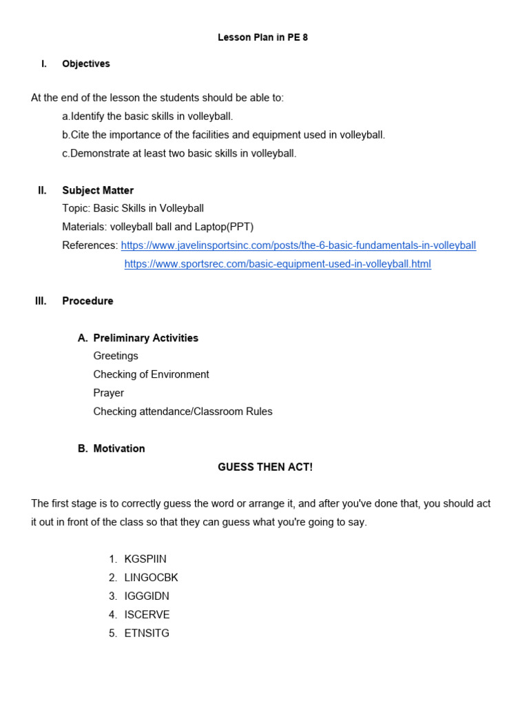Lesson Plan - Volleyball Skills | PDF | Volleyball | Sports