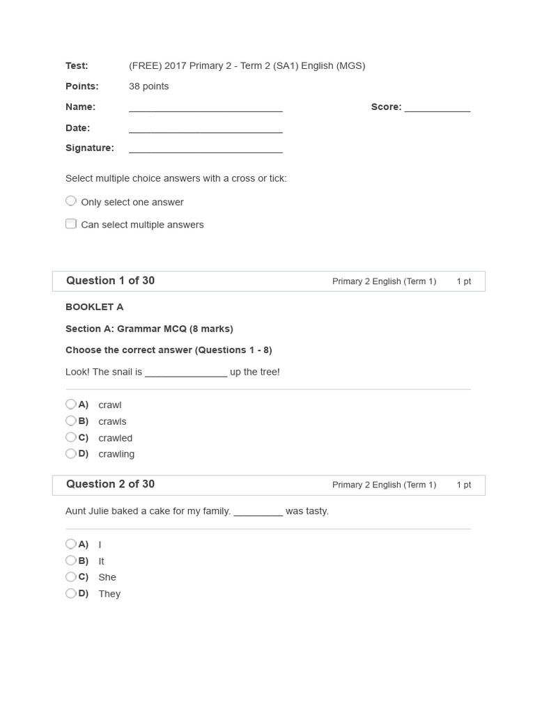 Primary 2 English Term 2 - MGS - 1626187272 | PDF | Multiple Choice ...