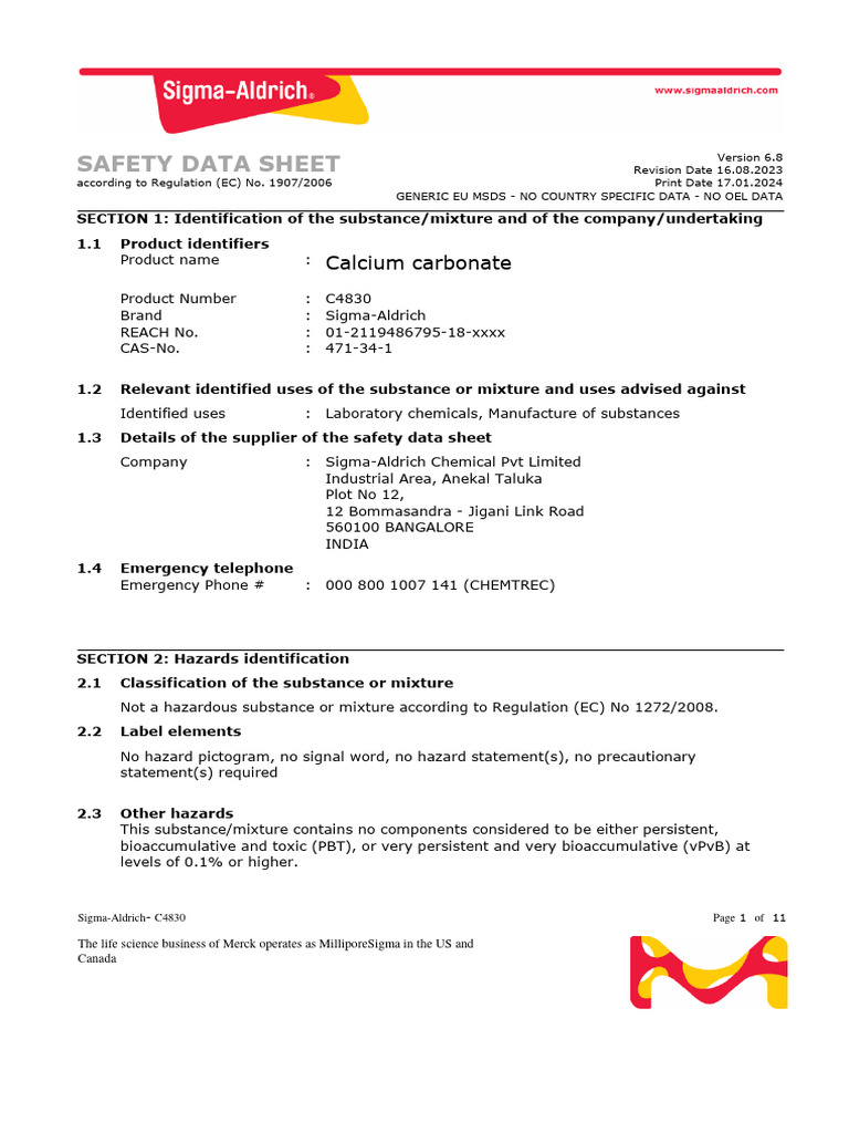 Safety Data Sheet: Calcium Carbonate | PDF | Dangerous Goods | Toxicity