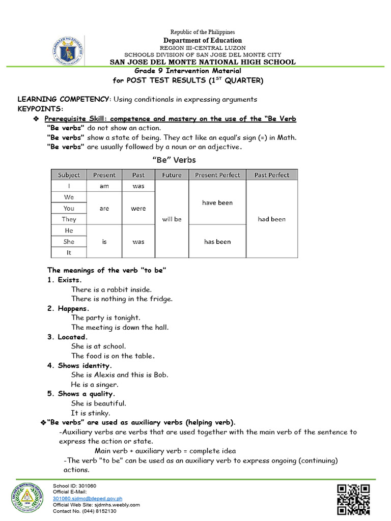 G9_Intervention-Material_Post-test_1st-Quarter_Be-Verbs-edited | PDF ...