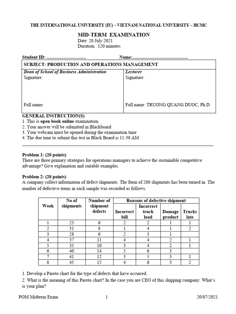 POM Midterm Exam Questions and Instructions | PDF | Pizza | Economics