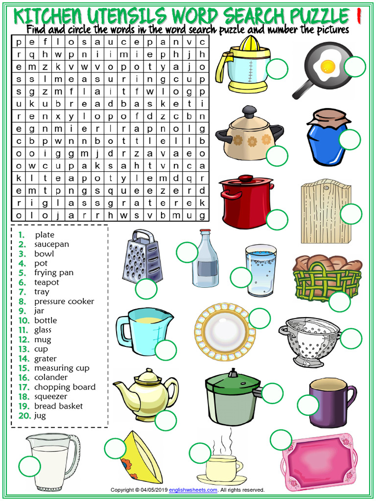 Kitchen Utensils Vocabulary Esl Word Search Puzzle Worksheets For Kids ...