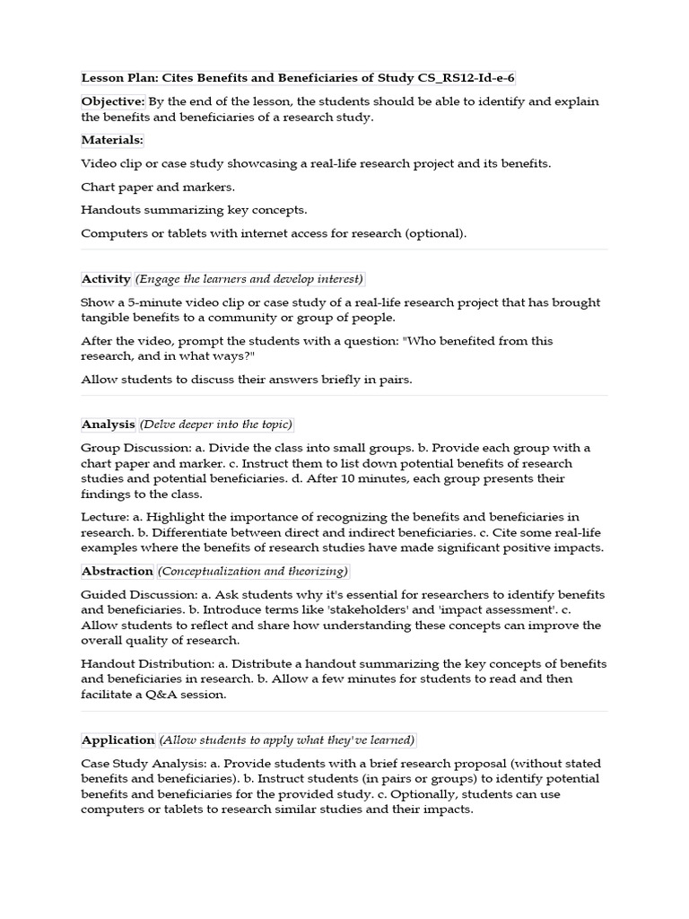 Lesson Plan: Cites Benefits and Beneficiaries of Study CS - RS12-Id-e-6 ...