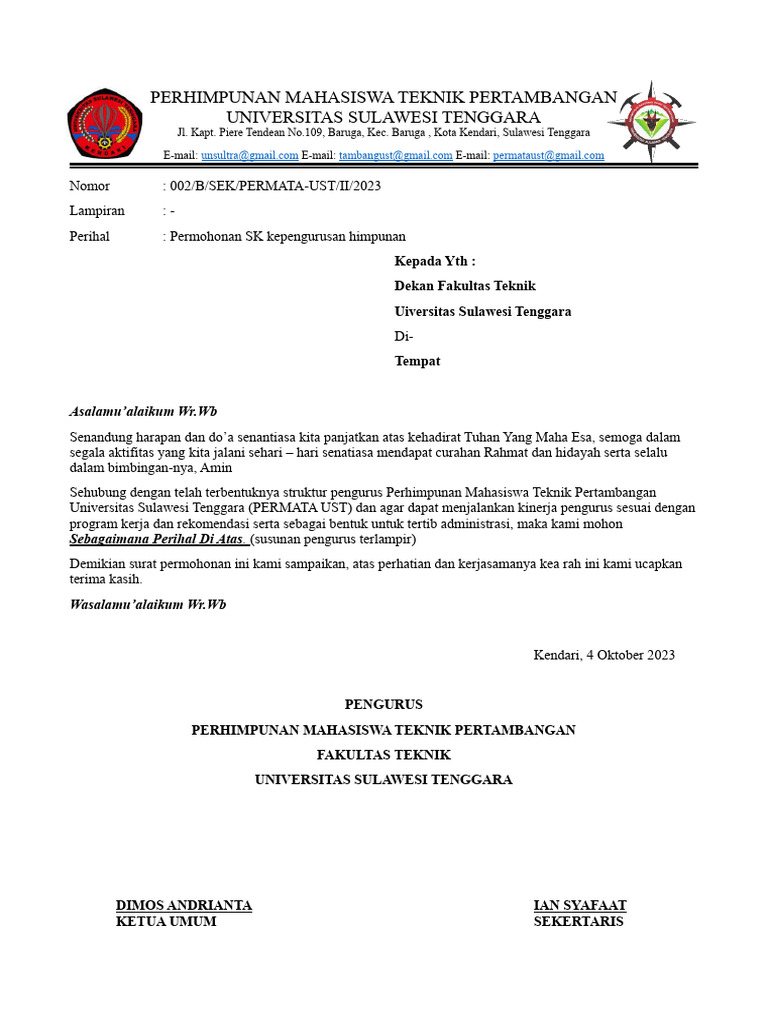 Surat Permohonan SK Kepengurusan | PDF