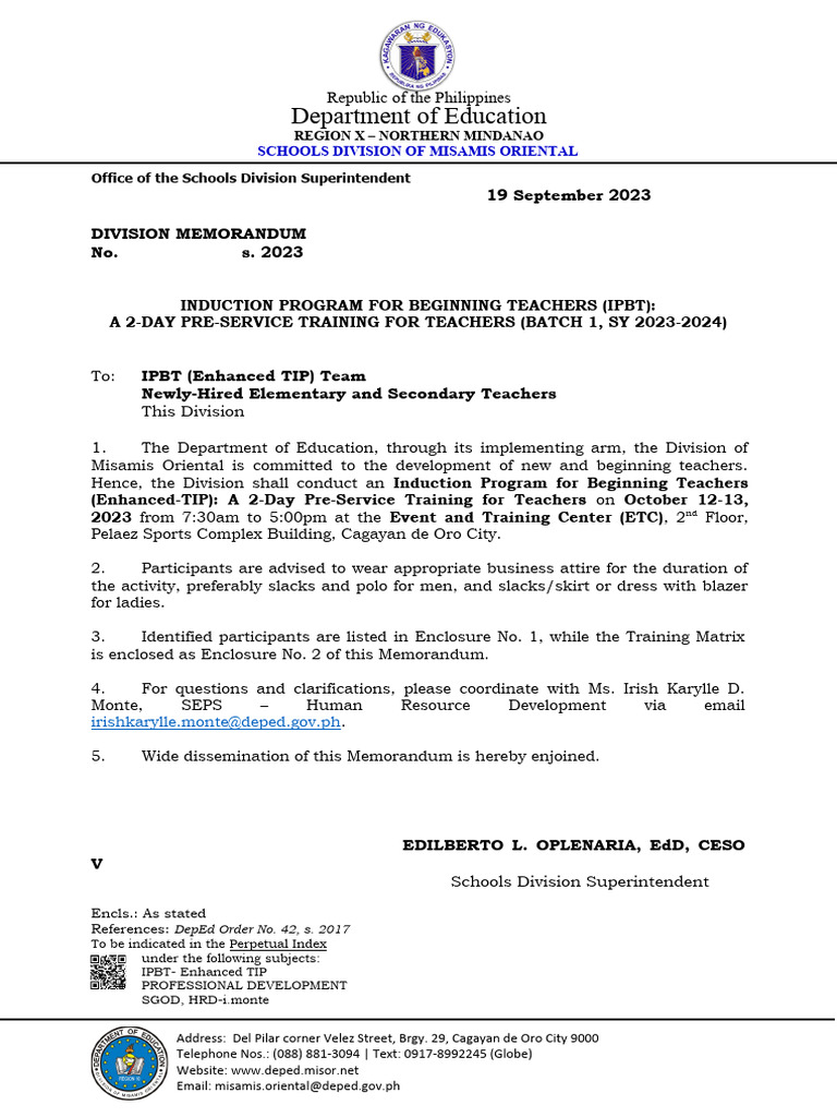 2023 MEMO IPBT Batch 1 SY 2023 2024 October 11 12 | PDF