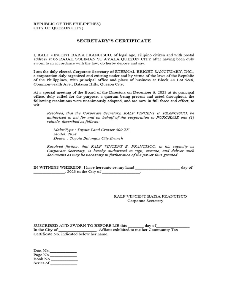 Corporate Resolution for Vehicle Purchase | PDF