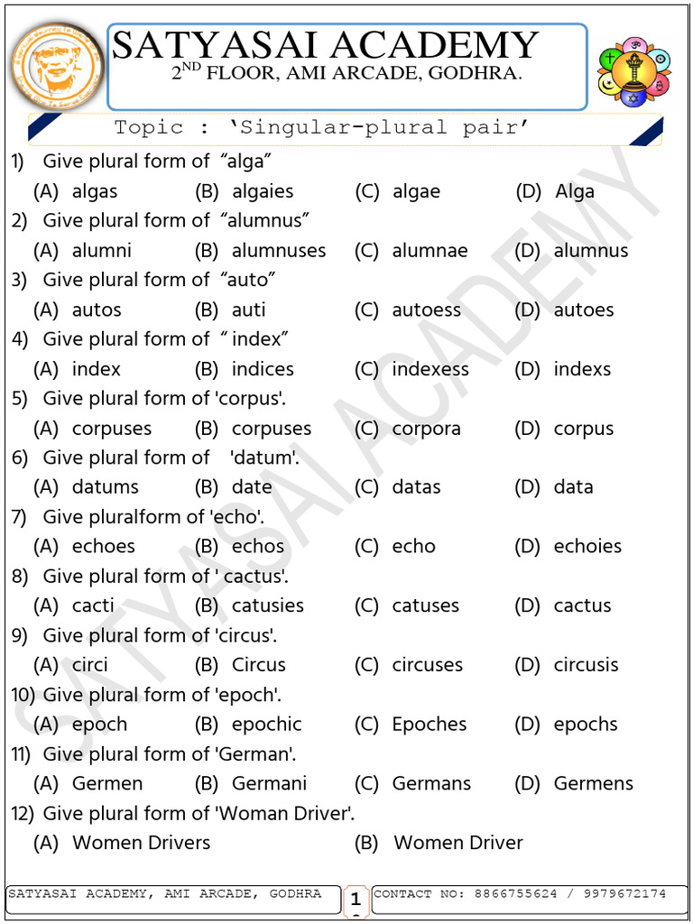 Plural Forms Quiz at Satya Sai Academy | PDF | Hypothesis | Radius