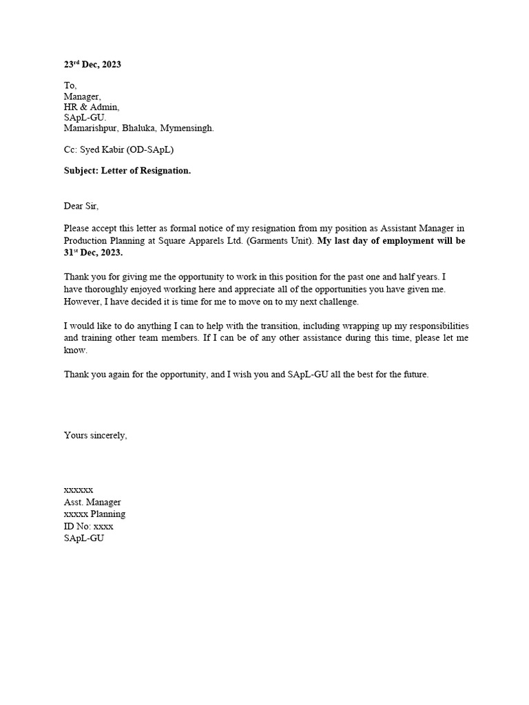 Resignation Letter - Assistant Manager | PDF | Career & Growth