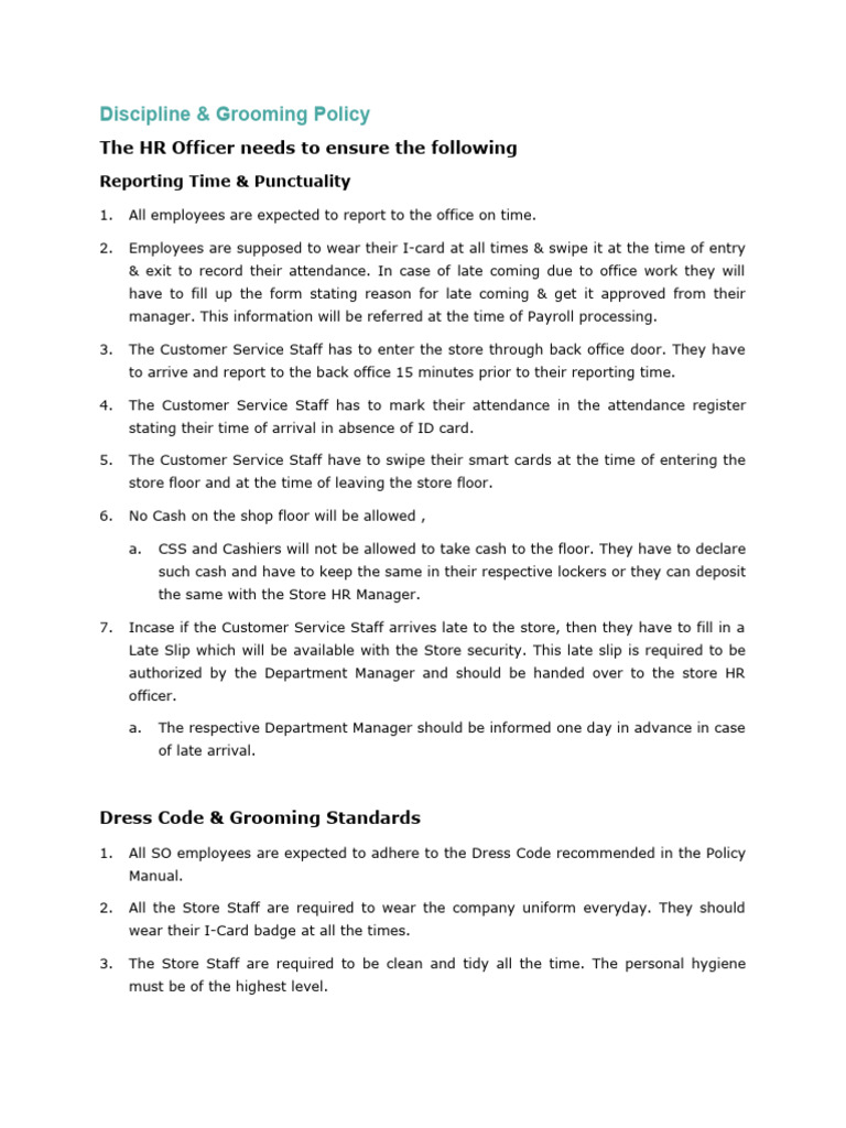 Employee Grooming and Discipline Policy | PDF | Employment | Internet