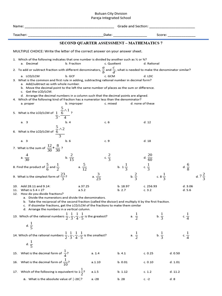 Math 7 Second Quarter Assessment | PDF | Numbers | Mathematical Notation