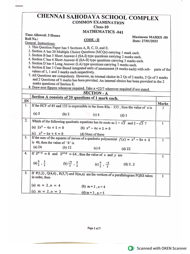 10TH Maths Sahodaya Set-2 Q.P 2022-2023 | PDF