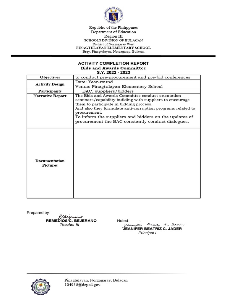 Bulacan School Activity Completion Report | PDF