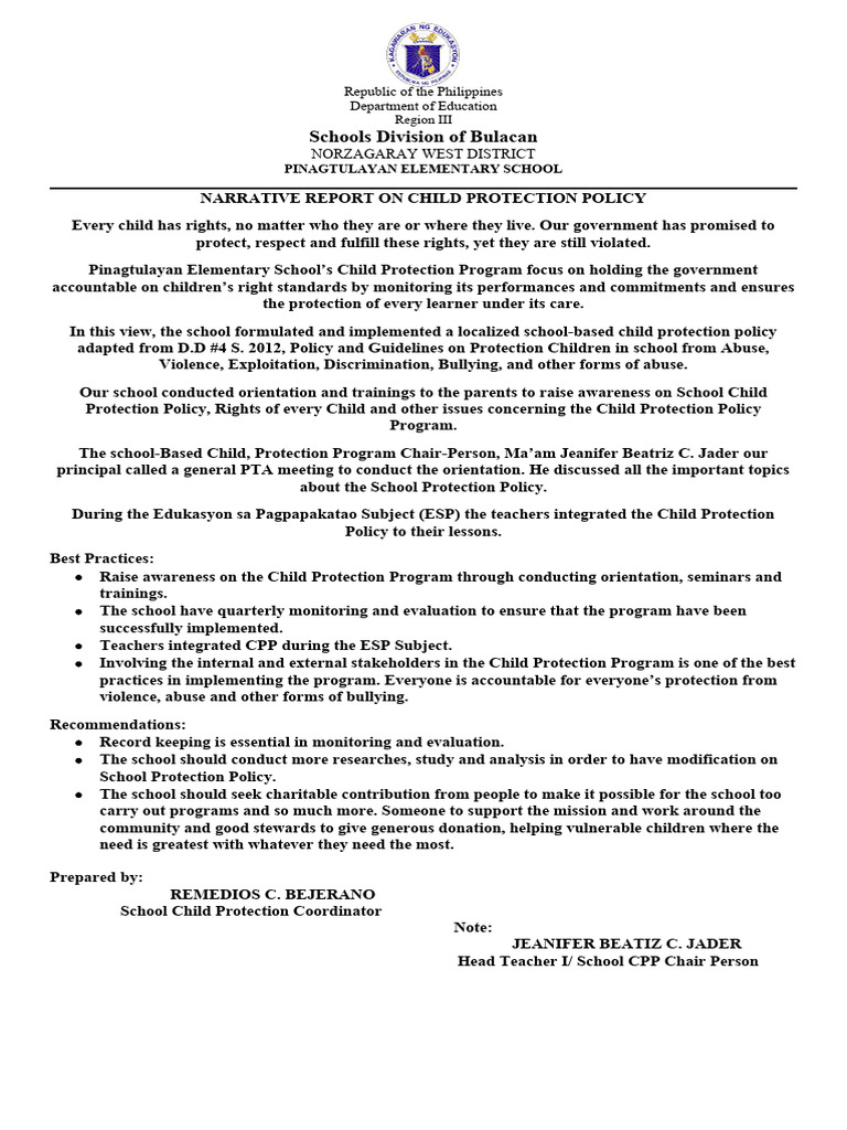 Child Protection Policy Narrative Report | PDF | Child Protection ...