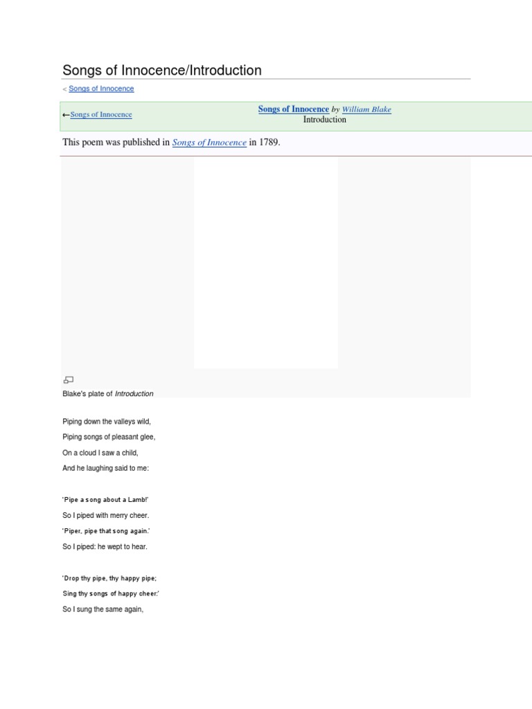 Songs of Innocence/Introduction: This Poem Was Published in in 1789 ...