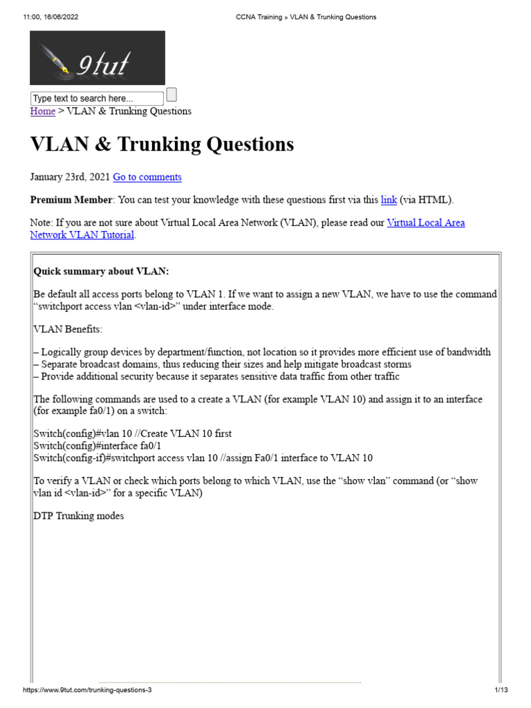 CCNA Training VLAN & Trunking Questions | PDF | Network Switch | Cisco Certifications
