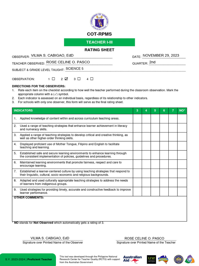 Appendix C 08 COT RPMS Rating Sheet For T I III For SY 2023 2024 | PDF ...