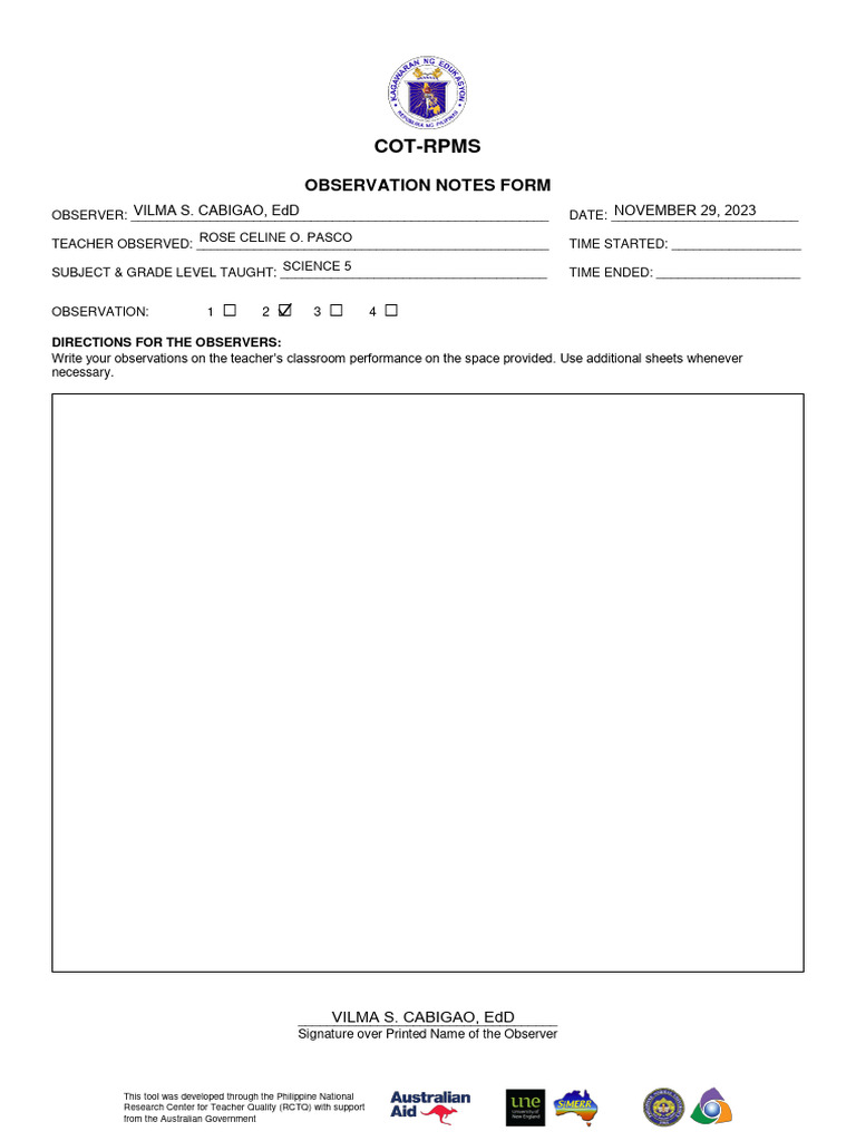 Appendix C 13 COT RPMS Observation Notes Form | PDF