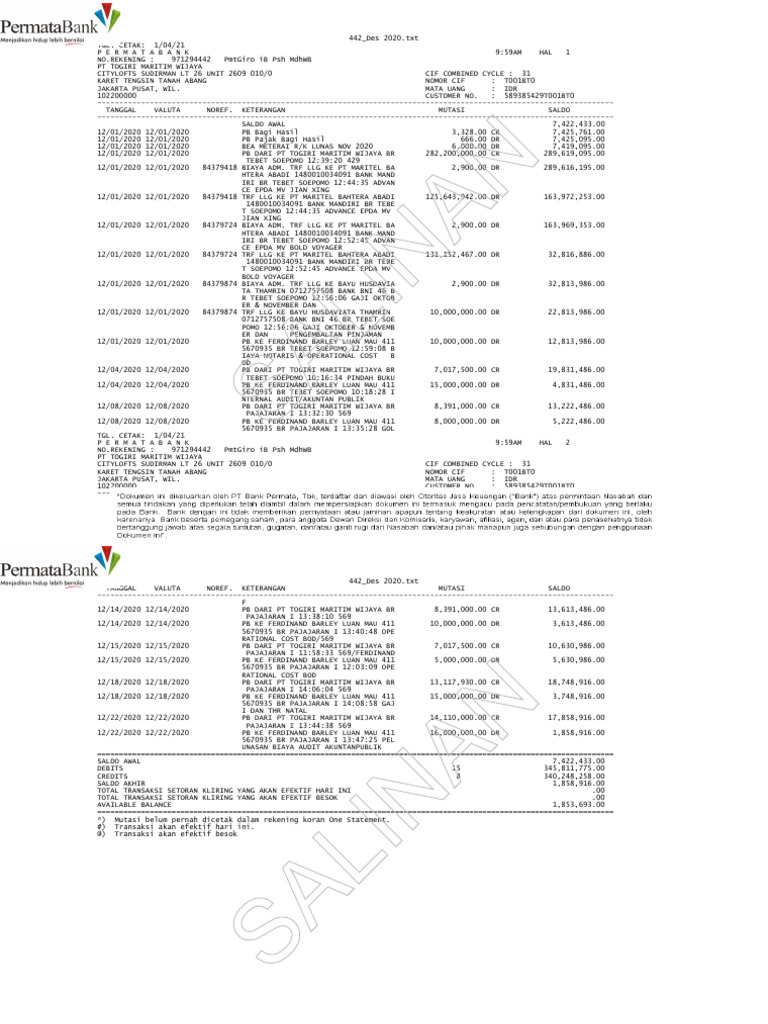 Rekening Koran PT Togiri Maritim | PDF | Bisnis | Teknologi & Rekayasa