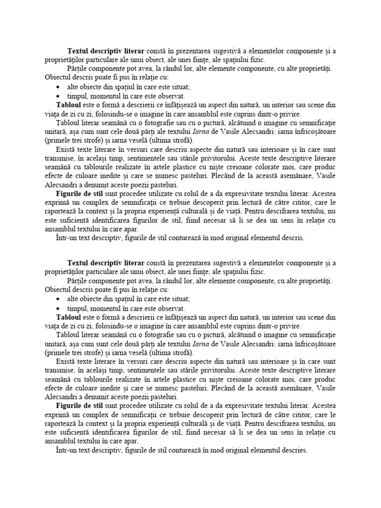 Textul Descriptiv Literar | PDF