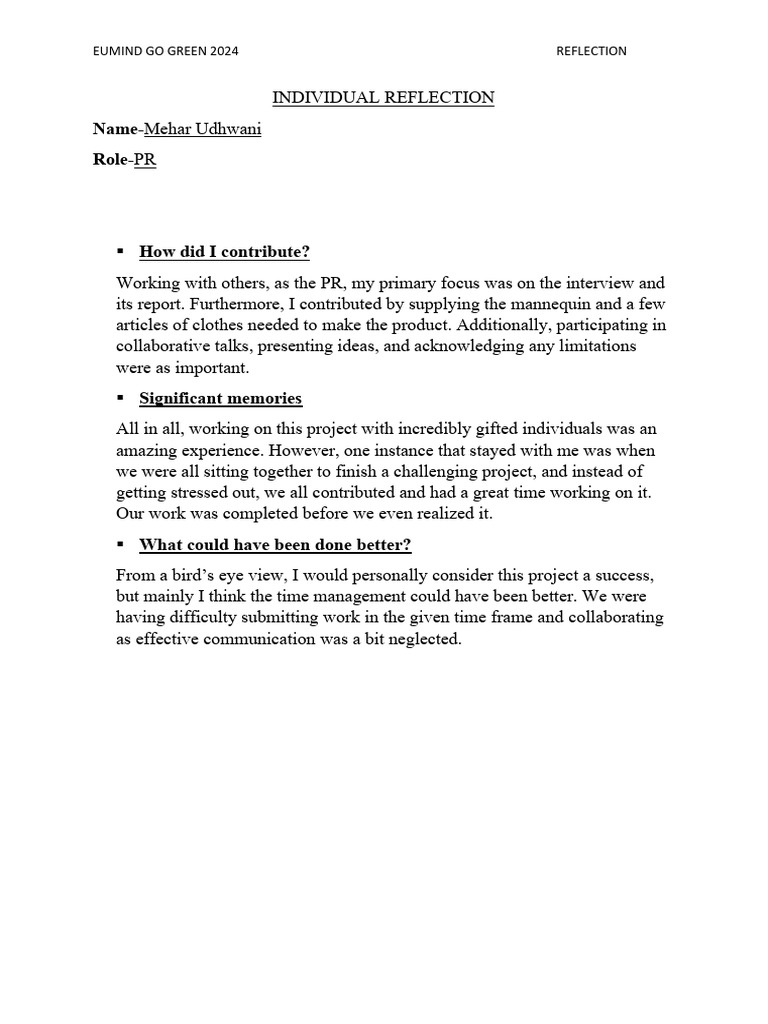 Individual Reflection - Mehar Udhwani | PDF