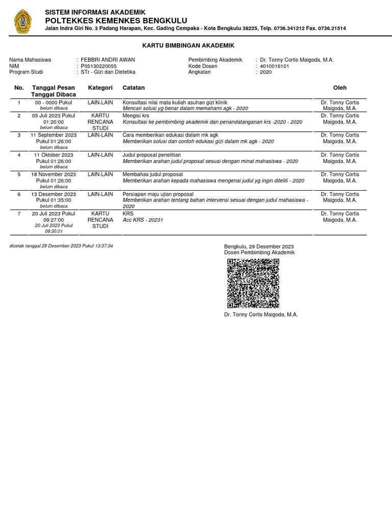 Daftar Catatan (Pelanggaran, KRS, DLL) Mahasiswa 2023 12 29 13 - 39 | PDF