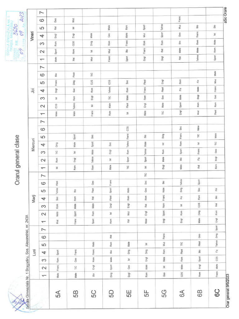 Orar General Clase An Scolar 2023-2024 | PDF