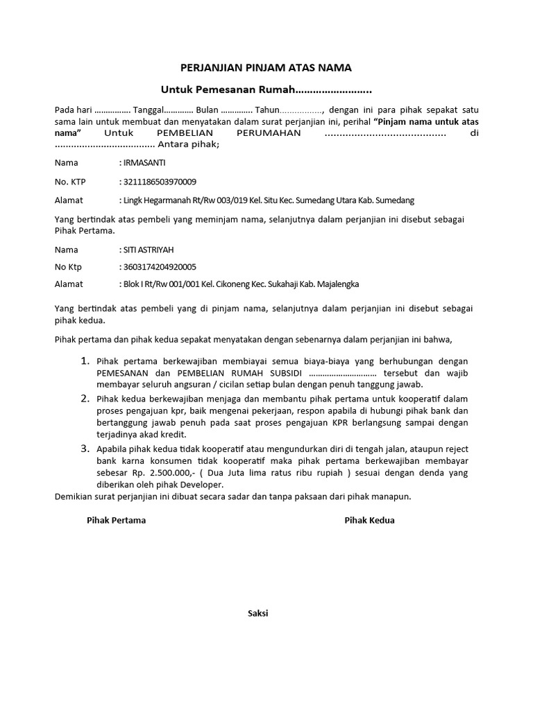 Surat Perjanjian Pinjam Nama | PDF | Pengelolaan Keuangan & Uang | Hukum