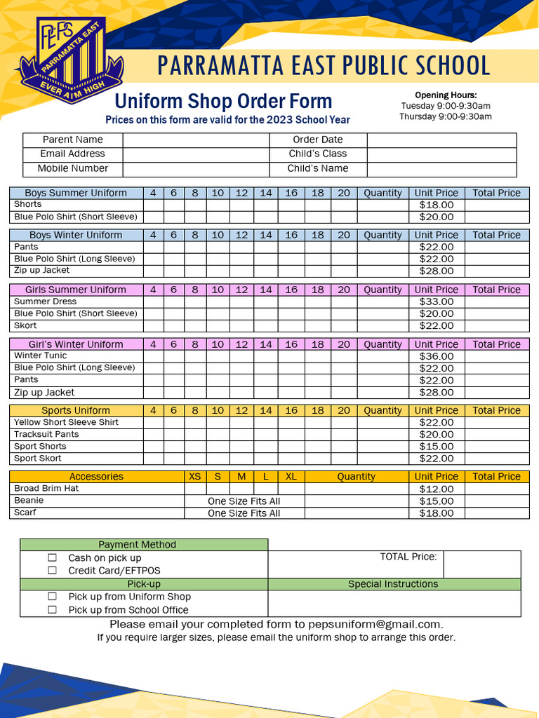 2023 Uniform Shop Order Form | PDF
