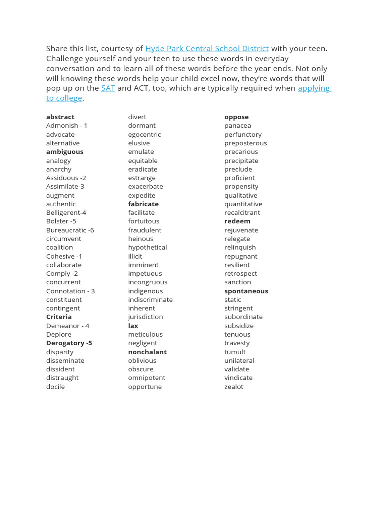 Sat Word List Grade 10 | PDF
