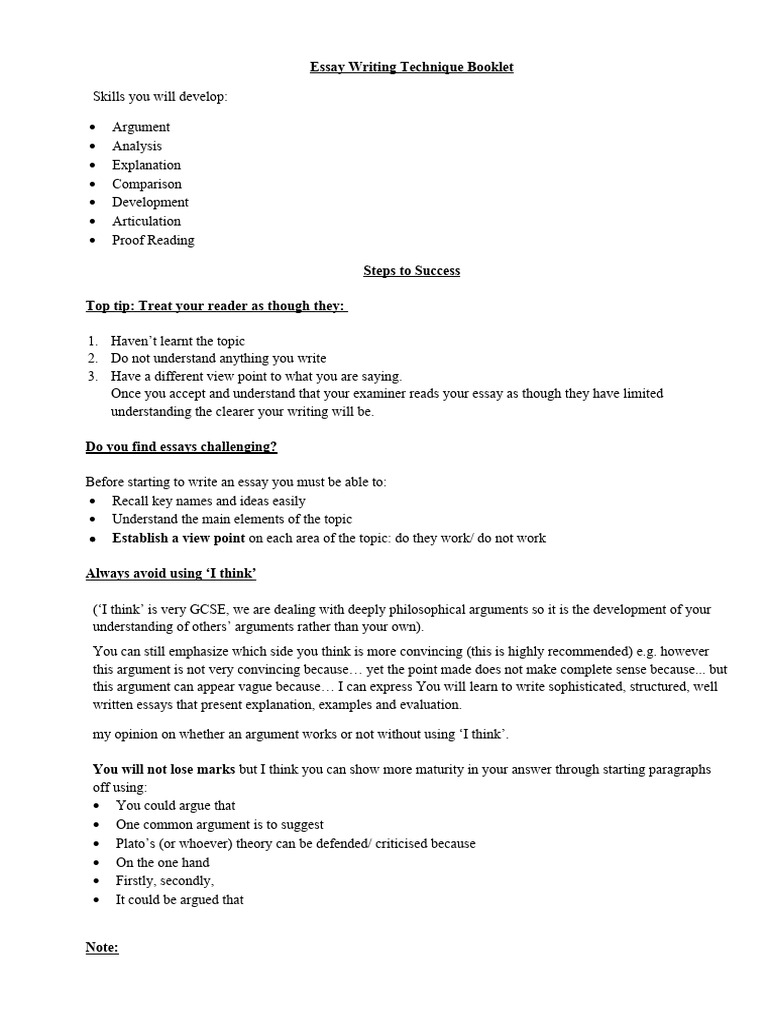 Essay Writing Technique Booklet1 Pdf Argument Essays