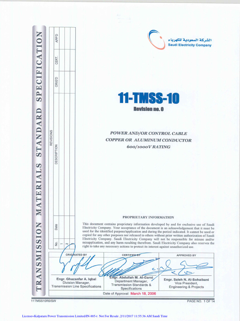 11-TMSS-10, Rev 00 - Cable | PDF | Electrical Conductor | Insulator (Electricity)