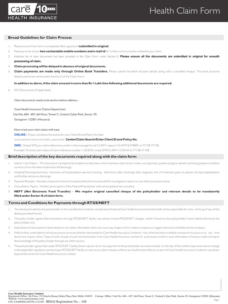 Health Claim Form - English | Download Free PDF | Insurance | Hospital