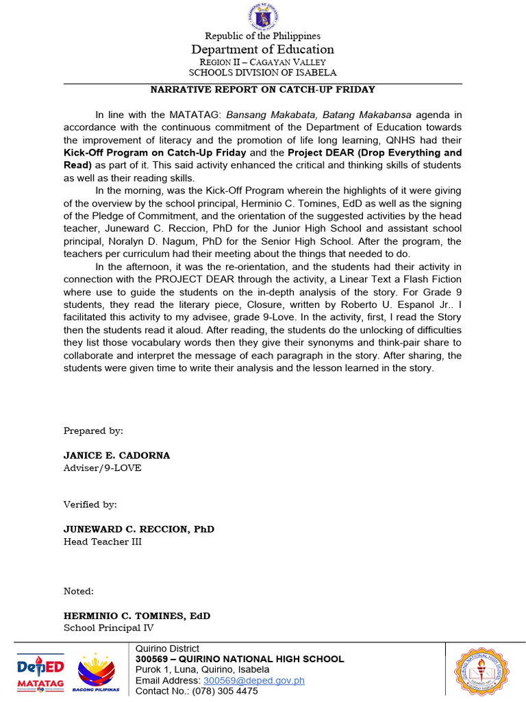 Catch Up Friday Narrative Report | PDF | Human Communication | Behavior ...