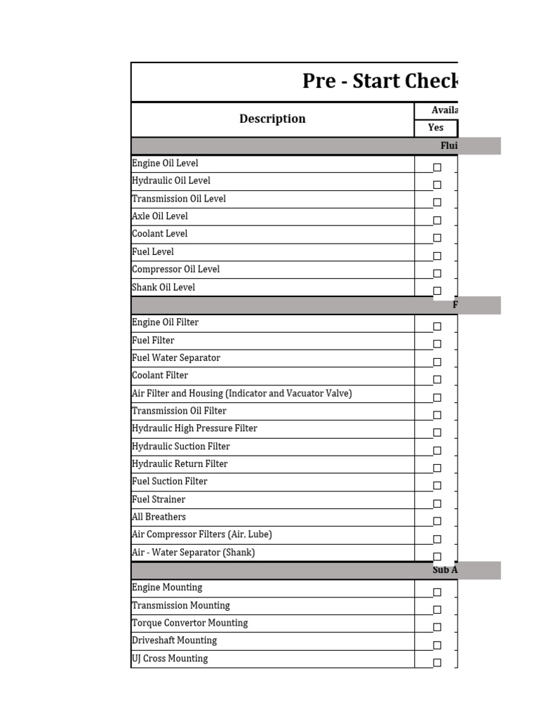 40. Pre - Post Start Checklist - Hydrostatic Rig | PDF | Pump | Engines