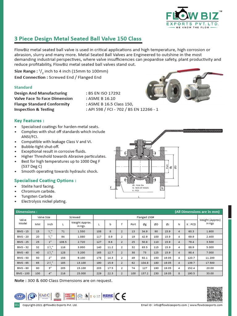 FlowBiz 3 Piece Design Metal Seated Ball Valve 150 | PDF | Valve ...