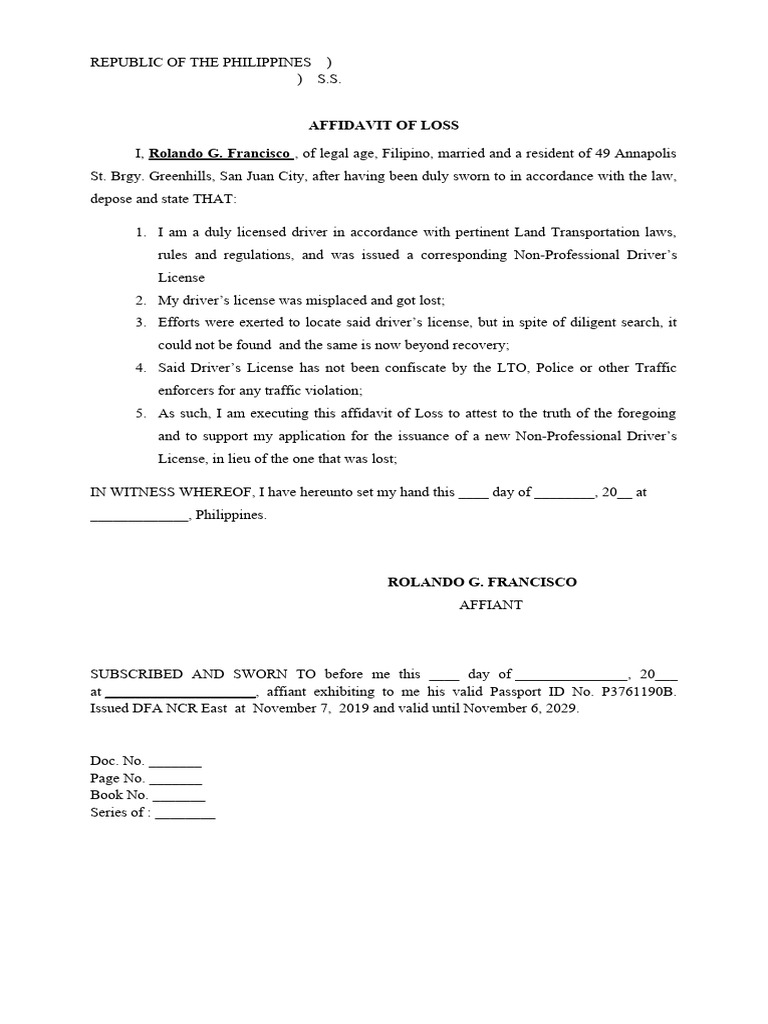 Affidavit of Loss Drivers License | PDF