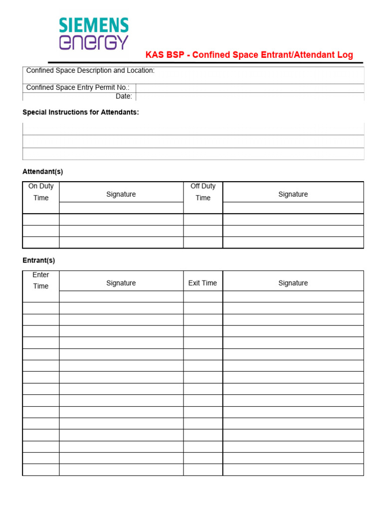 Confined Space Entrant Attendant Form | PDF | Safety | Occupational ...