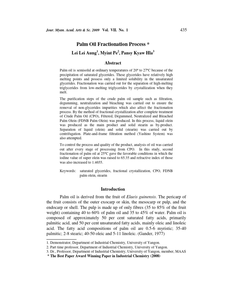 Palm Oil Fractionation Process : Lei Lei Aung, Myint Pe, Pansy Kyaw Hla ...