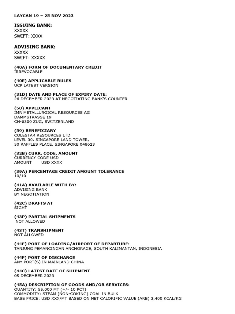 LC Draft For Issuance 1 | PDF | Cargo