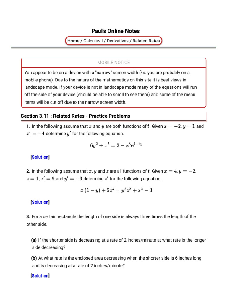 Calculus I - Related Rates (Practice Problems) | Download Free PDF ...