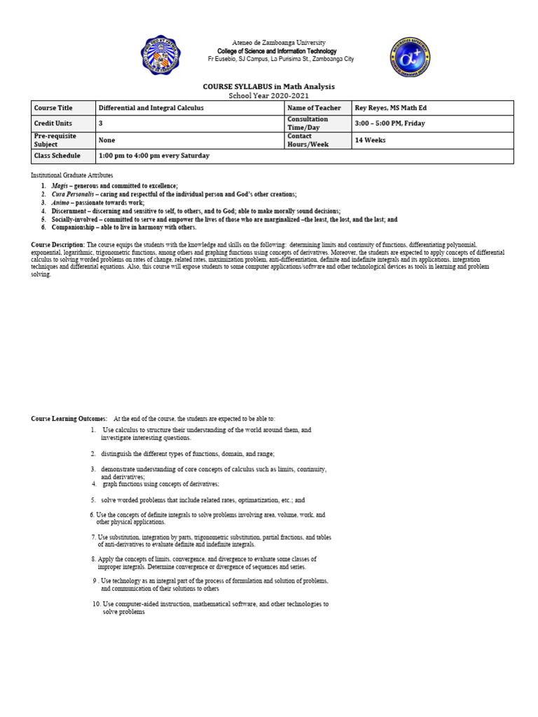 Math Analysis Course Outline Grad-22-23.1 | PDF | Trigonometric ...