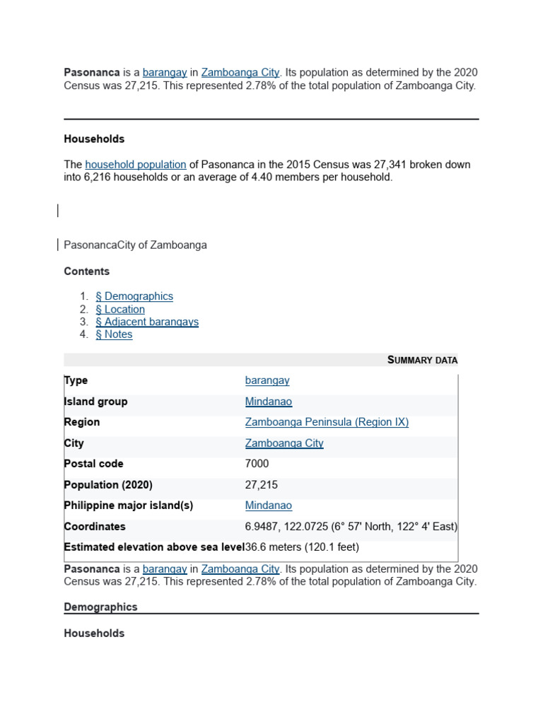 Pasonanca: Demographics and Features | PDF | Mindanao | Philippines