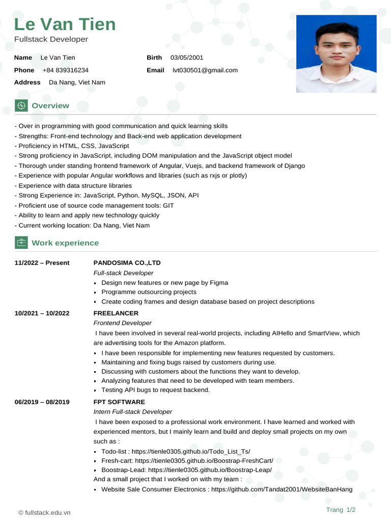 Fullstack Developer Resume: Le Van Tien | PDF | Java Script | Web ...