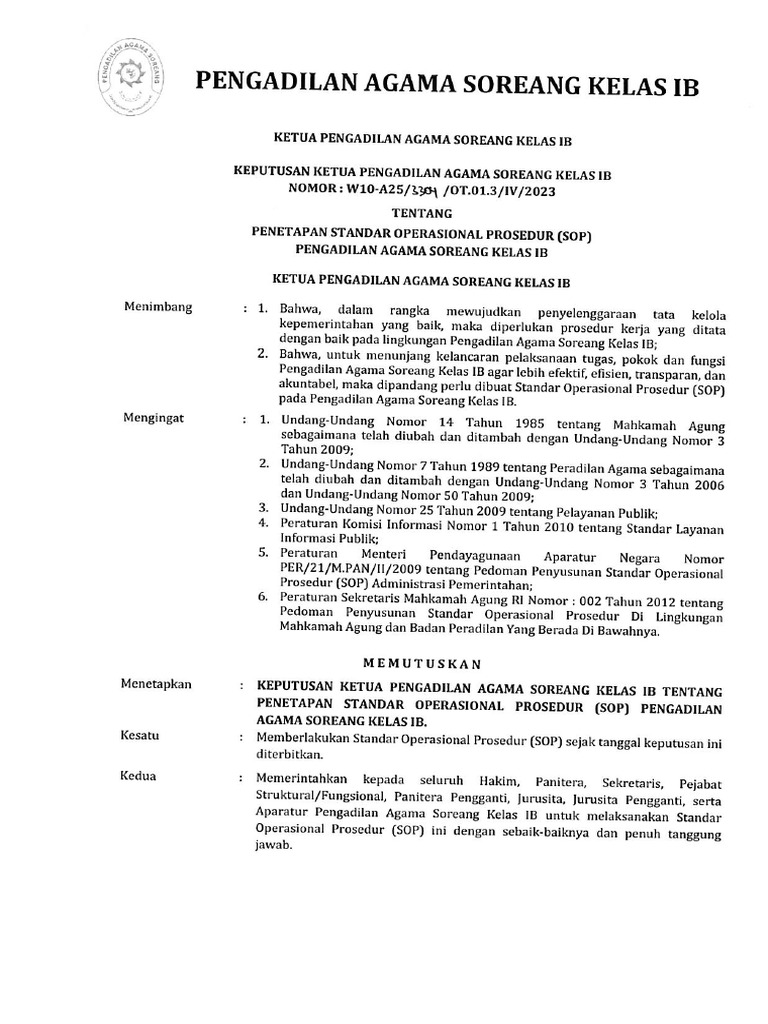 Surat Keputusan Penetapan Standar Operasional Prosedur (SOP) | PDF